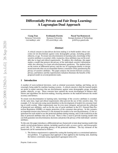 Differentially Private And Fair Deep Learning A Lagrangian Dual Approach Deepai