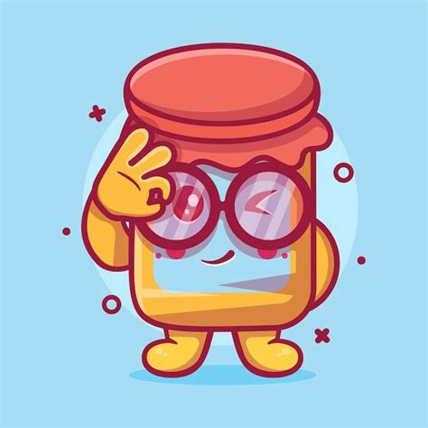 플랫 스타일 디자인에서 확인 기호 손 제스처 격리 만화와 재미있는 잼 항아리 캐릭터 마스코트 프리미엄 벡터
