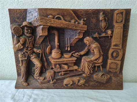 Cadre Tableau Ca Morand En Relief Scène De Vie Cheminée Vintage 41 X