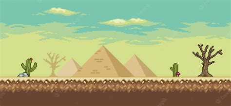 Premium Vector Pixel Art Desert Game Scene With Palm Tree Pyramids Cactuses Tree 8bit Background