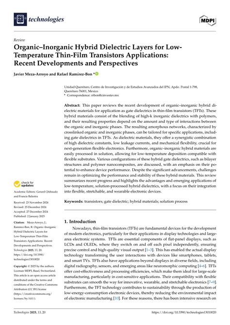 Pdf Organicinorganic Hybrid Dielectric Layers For Low Temperature Thin Film Transistors