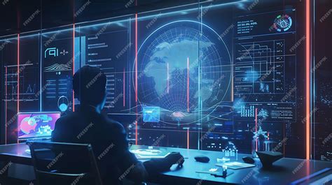 Hacker In A Dark Room With A Futuristic Computer Interface Premium Ai