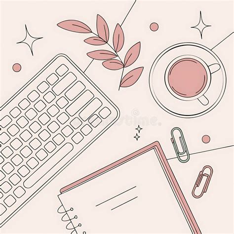 Red Line Art Workspace Keyboard Notebook Coffee And Branch Stock Illustration Illustration