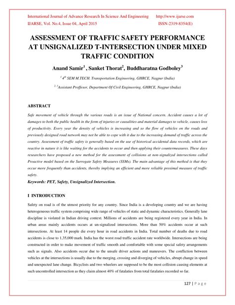 Pdf Assessment Of Traffic Safety Performance At Unsignalized T Intersection Under Mixed