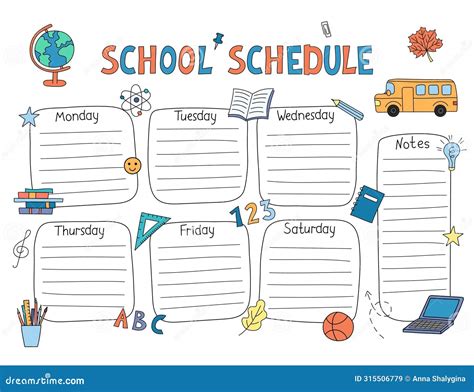 School Schedule Template Printable Us Letter Size Vector Weekly Class Timetable Lesson Planner