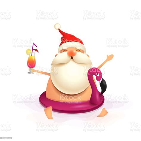 플라밍고 플로트 수영과 산타 클로스와 여름을 축하 흰색 배경에 고립 된 벡터 그림 산타 클로스에 대한 스톡 벡터 아트 및 기타 이미지 산타 클로스 해변 여름 Istock