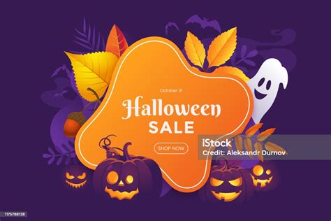 할로윈 판매 배너 디자인입니다 유령 호박 가을 떨어지는 잎 귀여운 유령 추상적 인 배경과 텍스트 장소와 할로윈 벡터 그림 파티 초대 포스터 인사말 카드에 사용합니다 10월에