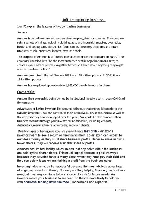 Unit 1 Exploring Business P1 Unit 1 Exploring Business 1 A P1 Explain The Features Of Two