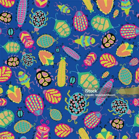 파란색 배경 완벽 한 패턴의 화려한 곤충 열 대 벌레 딱정벌레 바퀴벌레 애벌레 웜 어린이 시장 직물 종이 가정 장식 학교 선물 포장 생일 초대에 대 한 0명에 대한 스톡