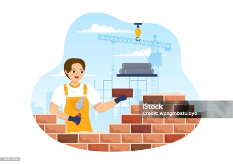 벽돌공 노동자 그림 사람들이 평평한 만화 손으로 그린 방문 페이지 템플릿으로 벽을 짓기 위한 벽돌을 쌓고 있습니다 일함에 대한 스톡 벡터 아트 및 기타 이미지 Istock