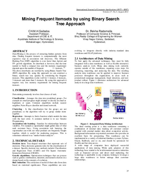 Pdf Mining Frequent Itemsets By Using Binary Search Tree Approach