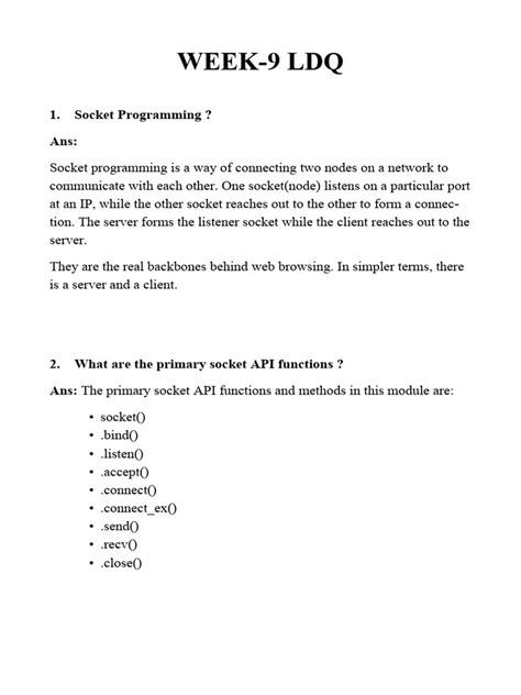 Week 9 Ldq 1 Socket Programming Ans Pdf Network Socket Port Computer Networking
