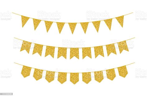 페넌트 나 깃발로 만든 황금 반짝이 화환 생일 파티 장식을위한 금 먼지 질감 화환 번팅 스파클 디자인 요소의 벡터 일러스트레이션