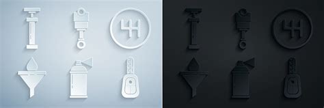 페인트 스프레이 캔 기어 시프터 깔때기 또는 필터 및 모터 오일 드롭 리모컨이 있는 자동차 키 엔진 피스톤 및 아이콘을