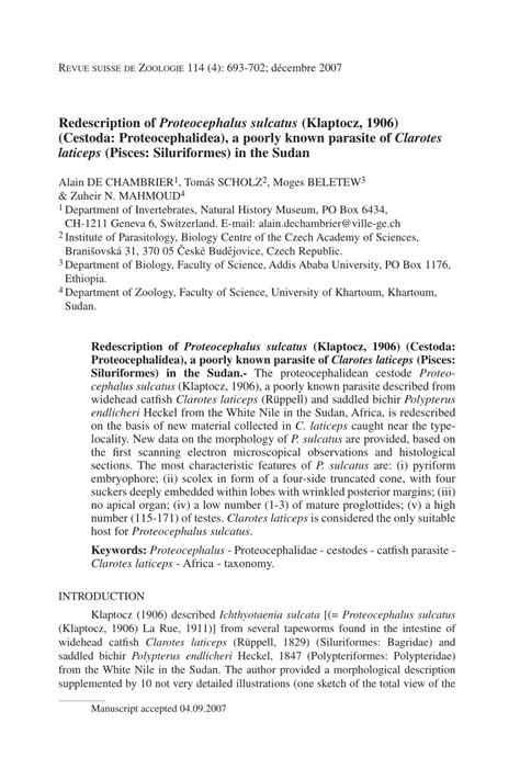 Pdf Redescription Of Proteocephalus Sulcatus Klaptocz 1906 Cestoda Proteocephalidea A