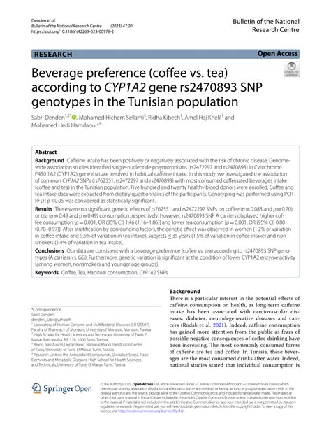 Pdf Beverage Preference Coffee Vs Tea According To Cyp1a2 Gene Rs2470893 Snp Genotypes In