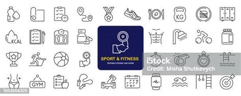 라인 스타일의 웹 아이콘의 스포츠 및 피트니스 세트 체육관 및 건강 관리 건강 한 라이프 스타일 아이콘입니다 영양 및 다이어트 훈련 바디 케어 건강 식품 운동 근육 체중 등