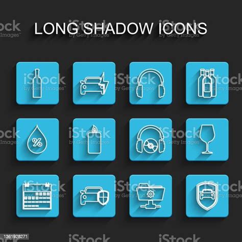 세트 라인 캘린더 자동차 보호 또는 보험 와인 병 Ftp 설정 폴더 불타는 촛불 와인 유리 및 헤드폰 Cd Dvd 아이콘 벡터 교통수단에 대한 스톡 벡터 아트 및 기타