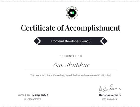 I Am Thrilled To Share That I Have Obtained The Frontend Developer React Certification From