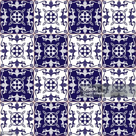 네덜란드 델 프 트 타일 패턴 벡터 파란색과 흰색 장식으로 포르투갈 Azulejo 멕시코 탈 스페인 또는 이탈리아 마 졸리 카 모티브 벽지 세라믹 또는 직물에 대 한 타일된