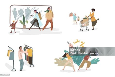 쇼핑 플랫 벡터 일러스트 세트 행복한 쇼핑객 구매에 만족 할인을 서두르고 옷을 입어보십시오 친절한 판매자 만화 캐릭터 소비주의