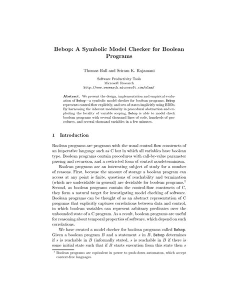 Pdf Bebop A Symbolic Model Checker For Boolean Programs