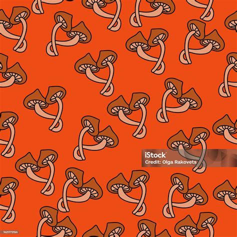 꿀 버섯 이음새가 없는 무늬 오렌지색 배경에 버섯 한 켤레 갈색에 대한 스톡 벡터 아트 및 기타 이미지 갈색 디자인