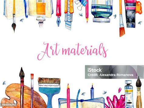 팔레트 브러쉬 펜 메모장 및 튜브 직사각형 프레임의 상단과 하단에 아티스트 재료 손으로 그린 수채화 일러스트 꼭대기에 대한 스톡