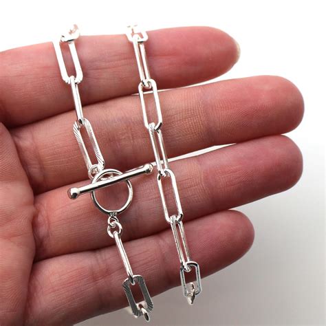 Sterling Silver Chain Necklace Rectangle Link Textured Chain Necklace