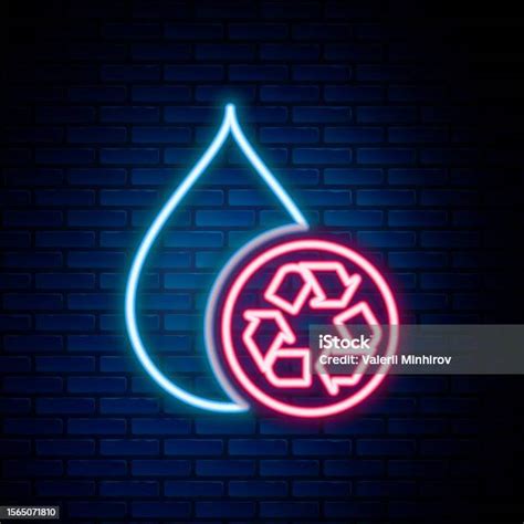 빛나는 네온 라인 벽돌 벽 배경에 고립 된 깨끗한 아쿠아 아이콘을 재활용합니다 표지판 재활용이 있는 물 한 방울 다채로운 개요 개념 벡터 0명에 대한 스톡 벡터 아트 및