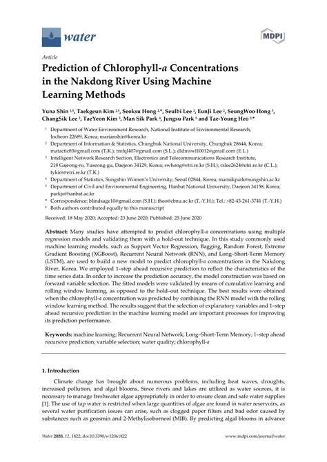 Pdf Prediction Of Chlorophyll A Concentrations In The Nakdong River Using Machine Learning Methods
