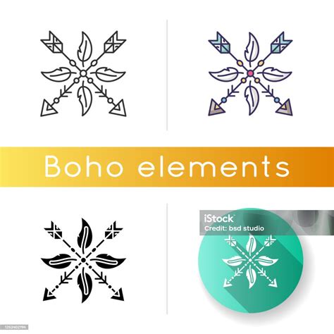 보헤미안 스타일 아이콘의 화살표와 깃털 부적 아메리카 원주민 인디언 신비의 상징 민족 의 집 장식 부족의 매력 리니어 블랙 및 Rgb 색상 스타일 격리된 벡터 그림 0명에