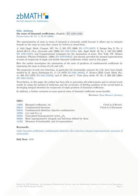 Pdf Review Of The Article “on Sums Of Binomial Coefficients” By Anthony Sofo