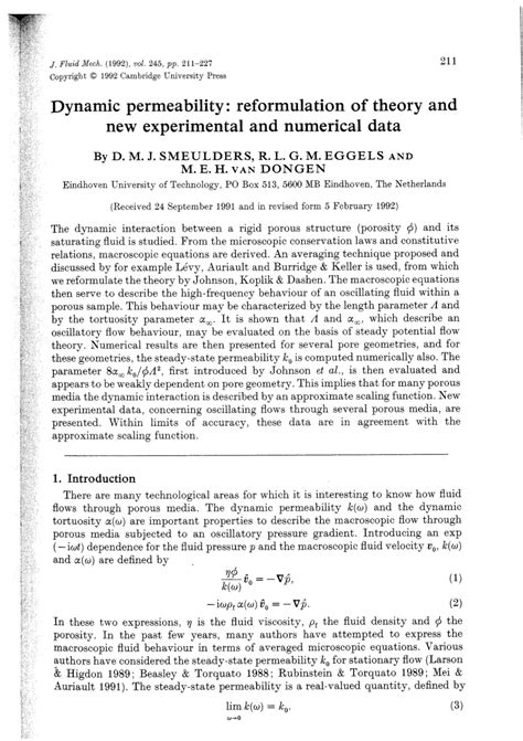 Pdf Dynamic Permeability Reformulation Of Theory And New Experimental And Numerical Data