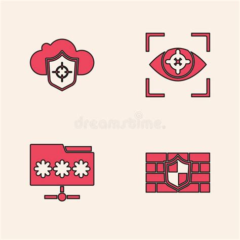 Set Shield With Brick Wall Cloud And Shield Eye Scan And Folder Password Icon Vector Stock