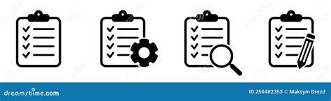 Clipboard Icon Checklist With Gear Checkmarks Magnifier And Pencil Vector Illustration