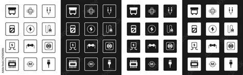 Set Audio Jack Lightning Bolt Multimeter Fuse Electric Plug Processor With Microcircuits