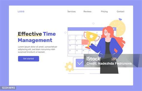 효과적인 시간 관리 자기 생산성 일정 및 일정에 대한 계획을 이행하고 목표를 달성합니다 황금 컵 소녀 캐릭터입니다 방문 페이지 템플릿 개념입니다 벡터 플랫