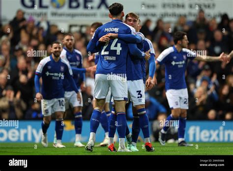 Leif Davis Of Ipswich Town Celebrates With Kieffer Moore After Moore