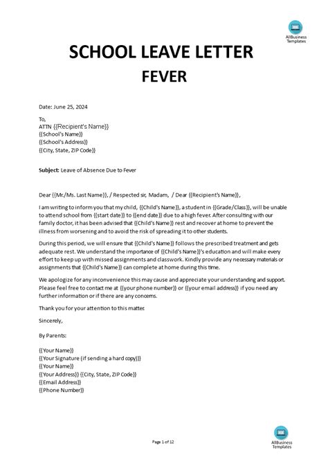 School Leave Letter Due To Fever Templates At