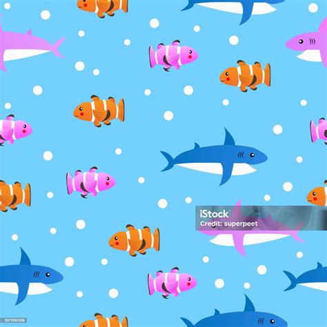 원활한 귀여운 물고기 파스텔 베이비 아이 만화 패턴 그리는 만화 예술 벡터 일러스트 레이 션 0명에 대한 스톡 벡터 아트 및