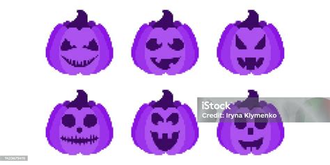 픽셀 아트 할로윈 호박 아이콘 세트 복고풍 스타일의 8 비트 호박 흰색 배경에 고립 된 할로윈 호박 등불 배너 포스터 파티 초대장을위한 템플릿 벡터 일러스트 레이 션 픽셀