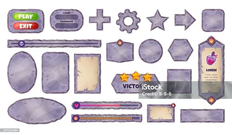 스톤 게임 인터페이스 광장 원 바위 Ui 정제 버튼 돌 질감 메뉴 프레임 Gui 보드 중세 롤플레잉 판타지 게임 앱 2d 만화