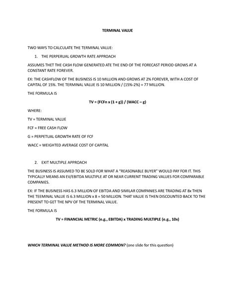 Terminal Value For Educational Purposes TERMINAL VALUE TWO WAYS TO CALCULATE THE TERMINAL