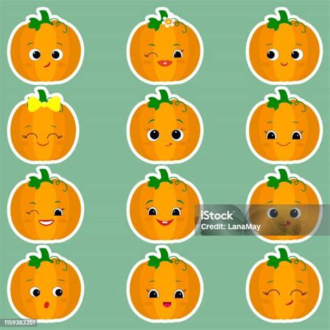 흰색 스트로크의 열두 귀여운 카와이 호박 스티커 세트 만화 스타일의 다양한 감정과 액세서리의 야채 기호 벡터 일러스트레이션 평면 디자인 10월에 대한 스톡 벡터 아트 및