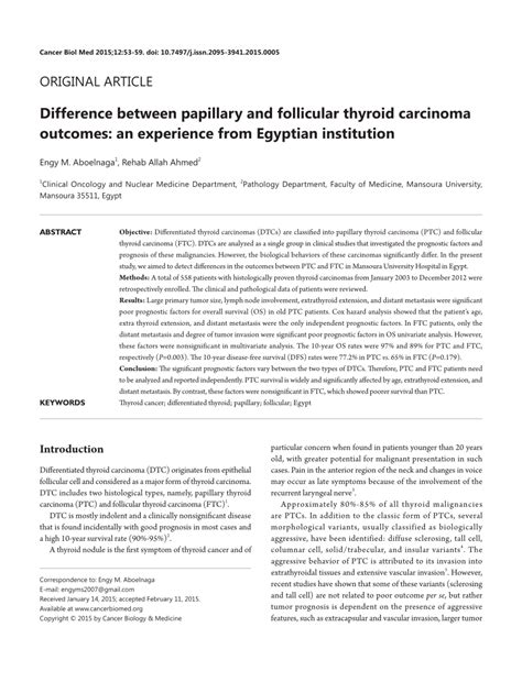 PDF Difference Between Papillary And Follicular Thyroid Carcinoma Outcomes An Experience From