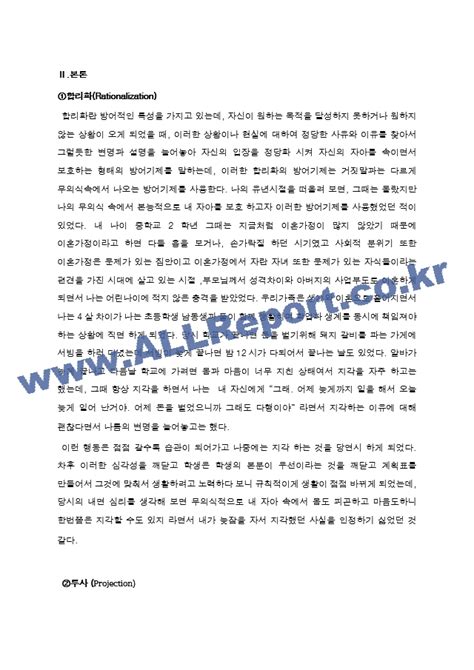자신이 자주 사용하는 방어기제는 무엇인지 실례를 최소 3개 이상 들어 보고 그러한 방어기제의 이면에 있는 자신의 심리에 대해 생각해본 후 그 내용을 보고서로 작성해
