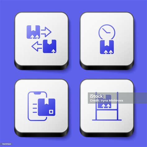 교통 기호 시계 문서 추적 마커 및 창고 내부 상자 아이콘으로 골판지 상자를 설정합니다 흰색 정사각형 버튼 벡터 감시에 대한 스톡 벡터 아트 및 기타 이미지 Istock
