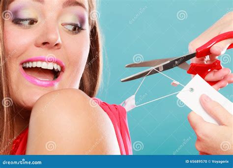 Woman Cutting Off Removing Label Board Price Tag Stock Photo Image Of Return Label