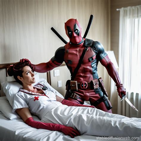 Deadpool As A Nurse With A Knife In The Hand And Wolverine On Bed